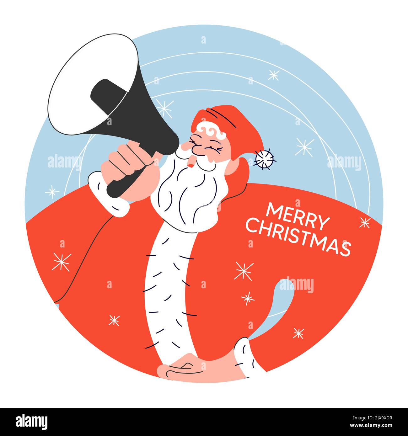 Christmas card with cute Santa Claus speaking in loudspeaker and ...