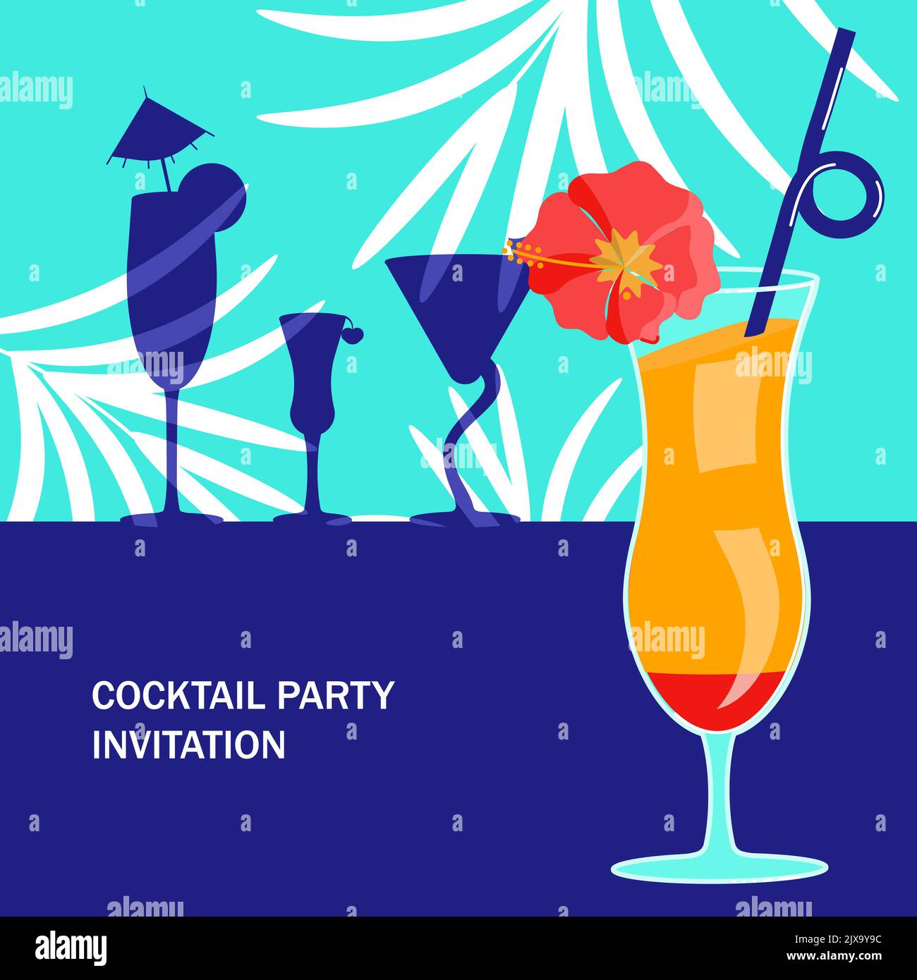 Exotic cocktail on bright blue and palm leaves background banner ...