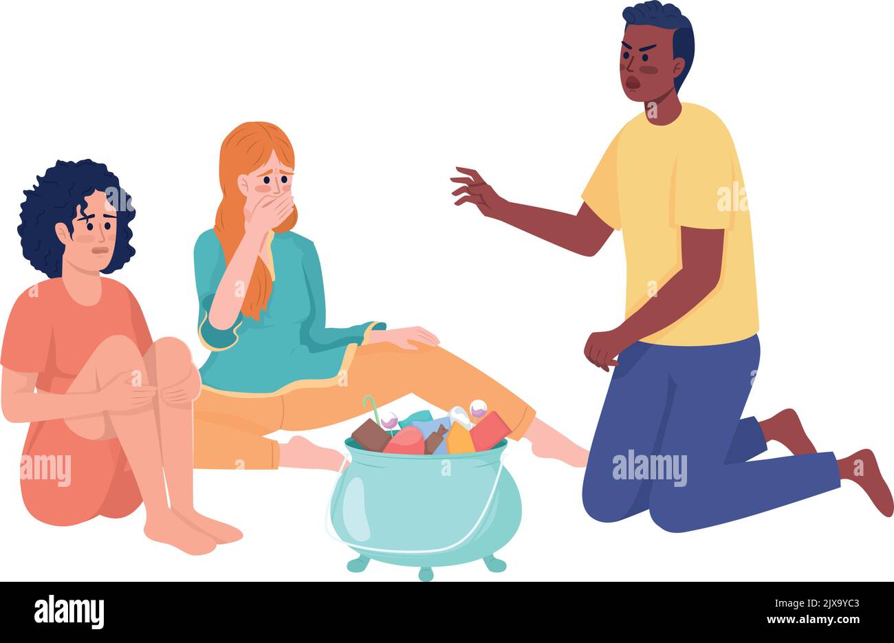 Friends telling scary stories at Halloween semi flat color vector ...