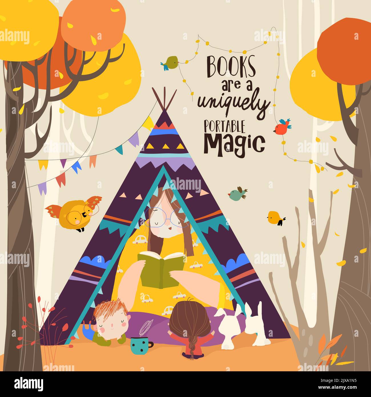 Mother reading Book with Her Children in a Teepee Tent in Autumn Park ...