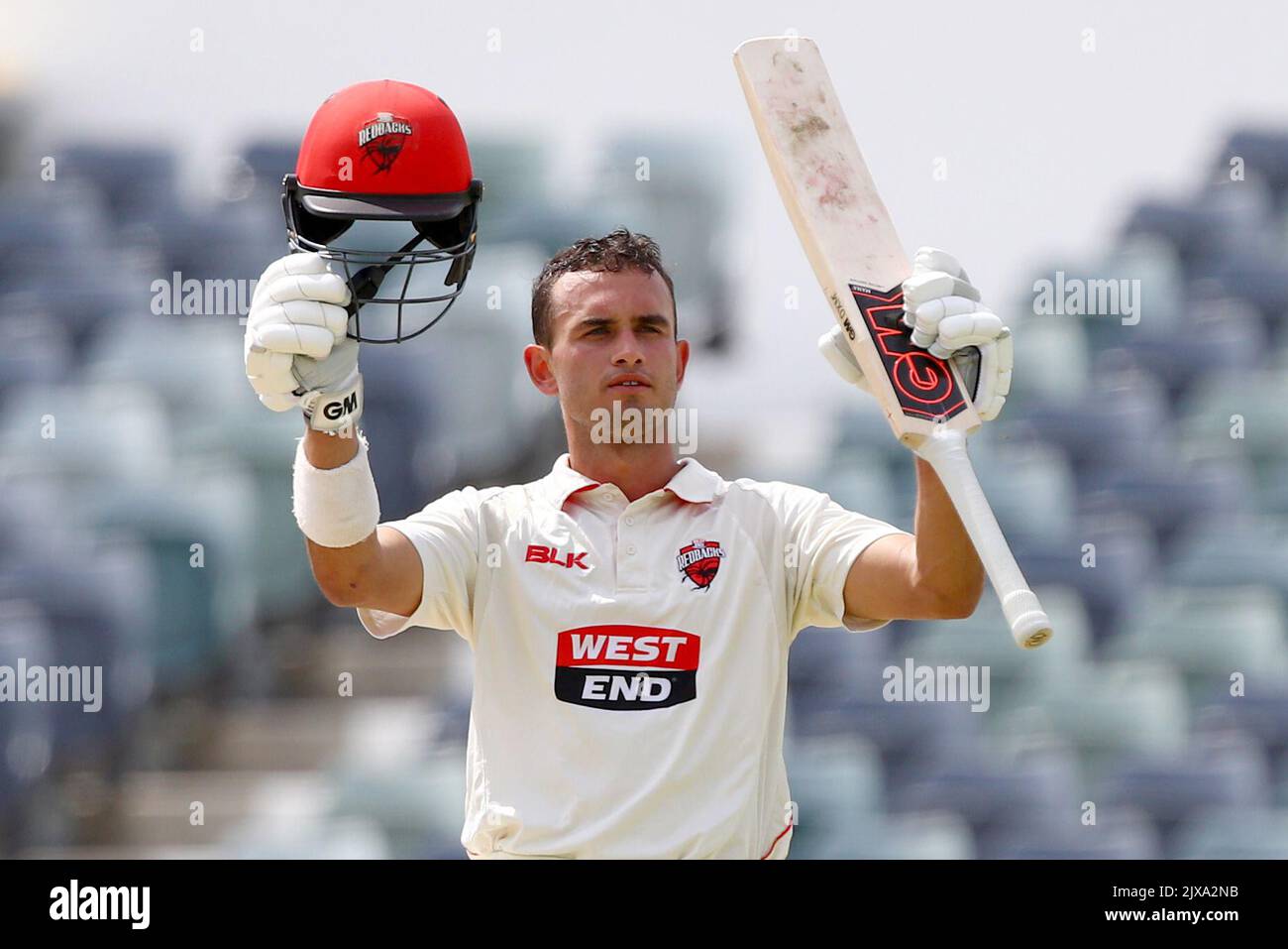 Jake Weatherald of South Australia celebrates after reaching a century ...