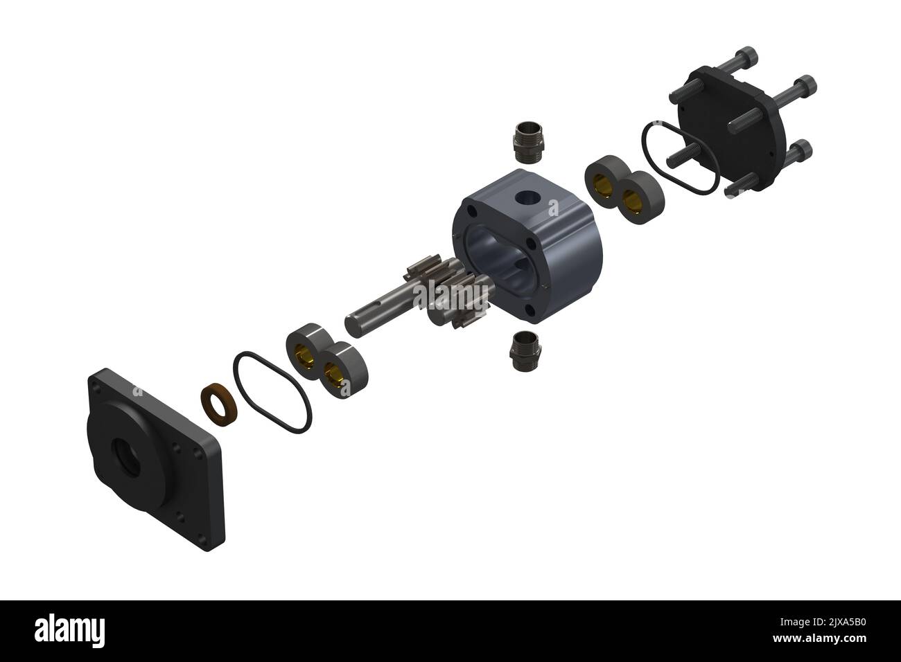 Hydraulic pump assembly parts 3D rendering isolated on white background ...