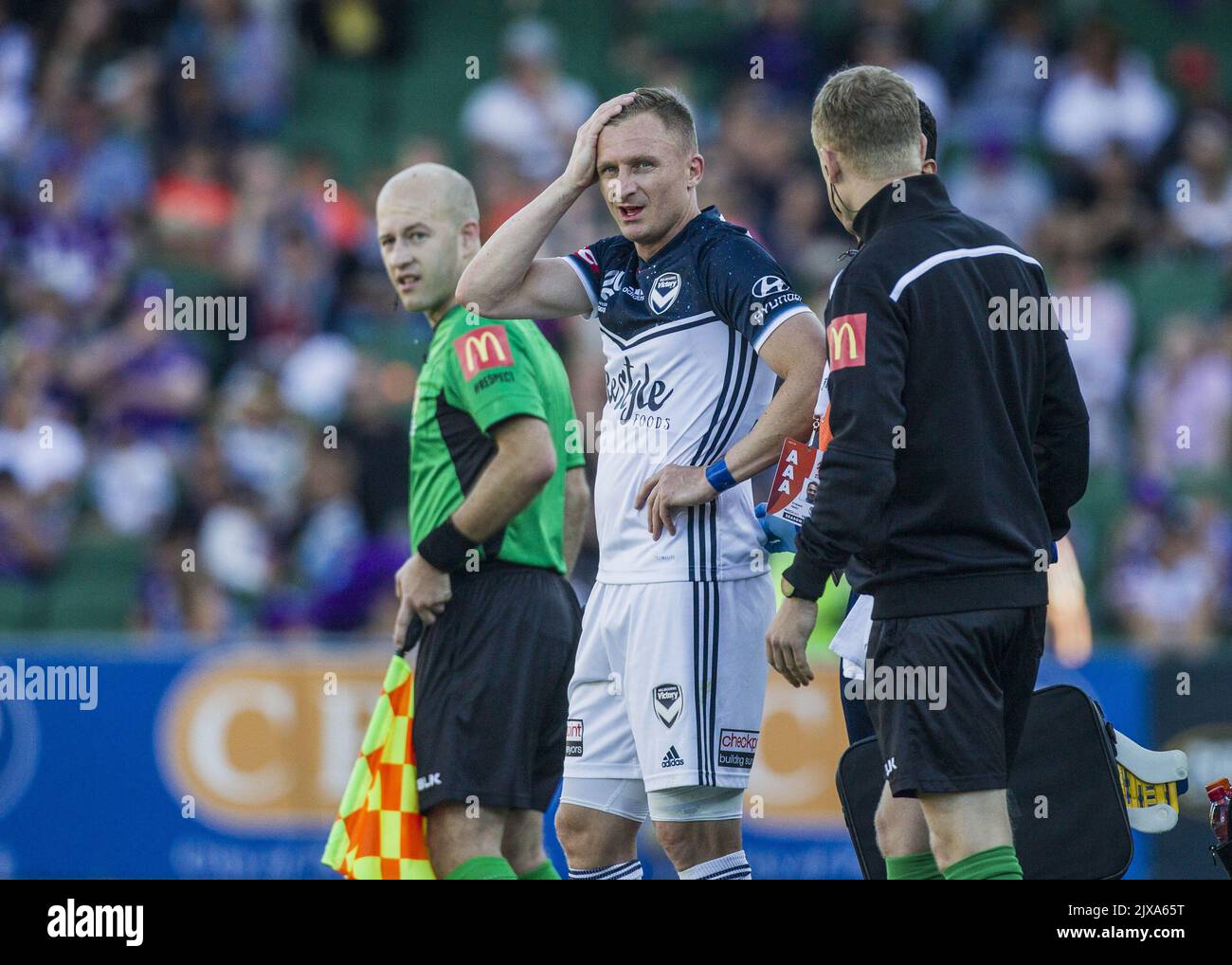 Besart Berisha of the Melbourne Victory on the side lines after an ...