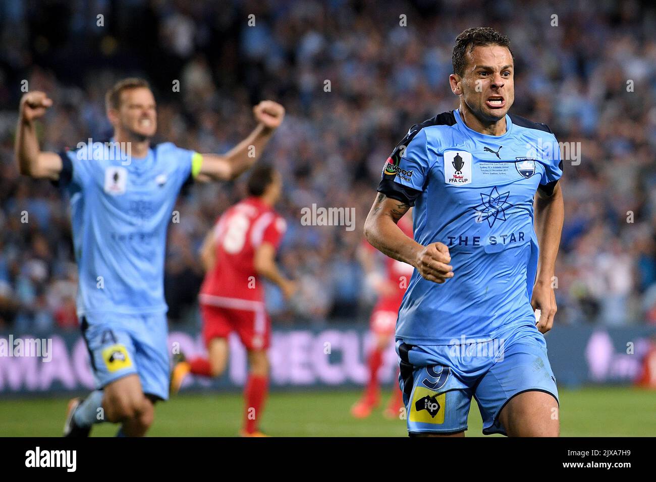 Bobo of Sydney celebrates scoring a goal in extra time during the FFA ...