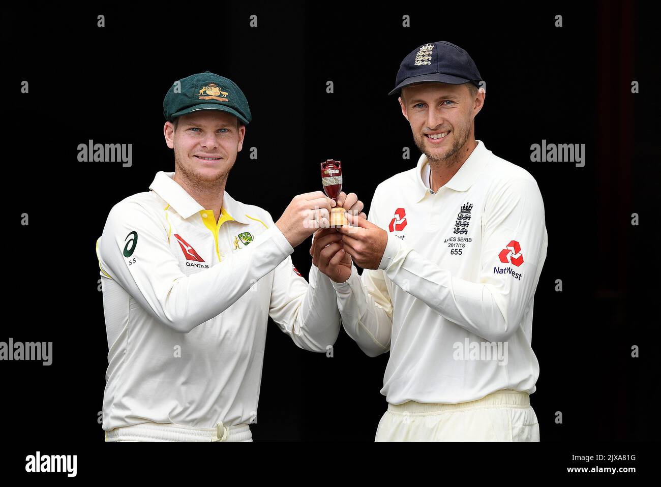 Australian captain Steve Smith (left) and England captain Joe Root pose ...