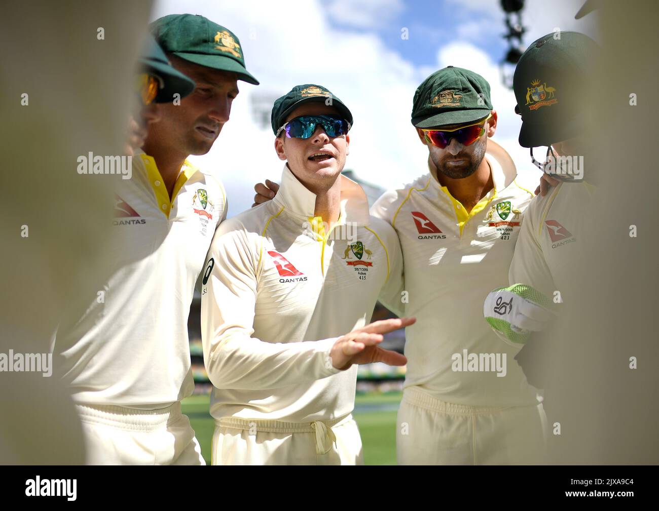 Australian captain Steve Smith addresser players prior to taking to the ...