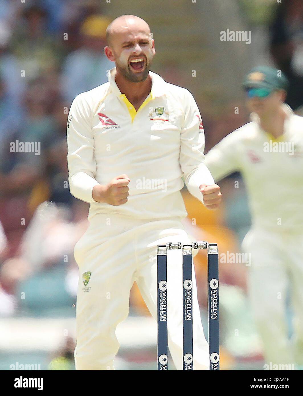 Australian bowler Nathan Lyon celebrates taking the wicket of England ...