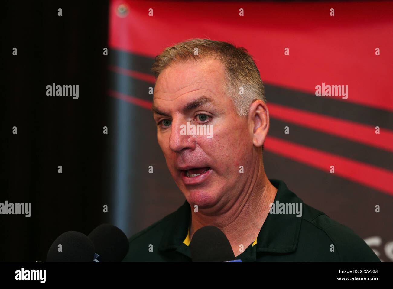 Michael Hagan from the Australian Rugby League World Cup team speaks to ...