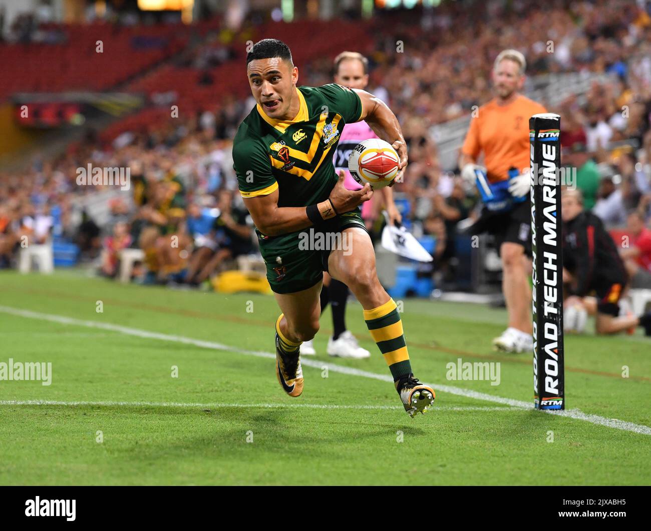 Valentine Holmes of Australia scores a try during the Rugby League ...
