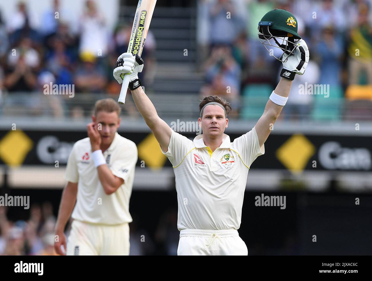 Australian captain Steve Smith reacts after scoring a century as ...