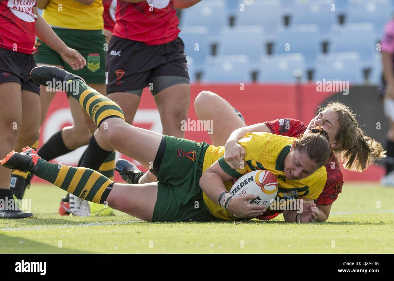 Steph Hancock of Australia scores during the Womenâ€™s Rugby League ...