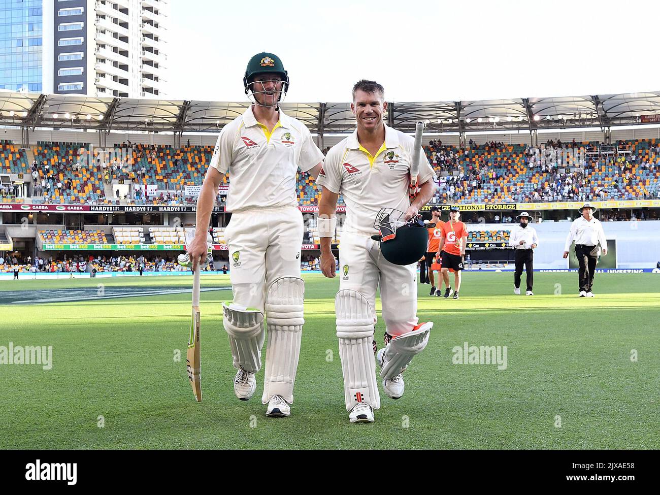 Australian batsmen Cameron Bancroft (left) and David Warner leave the ...