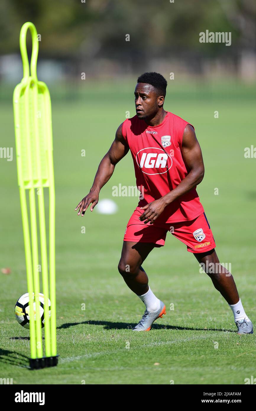 Adelaide United player Mark Ochieng is seen during a team training session in Adelaide, Tuesday ...