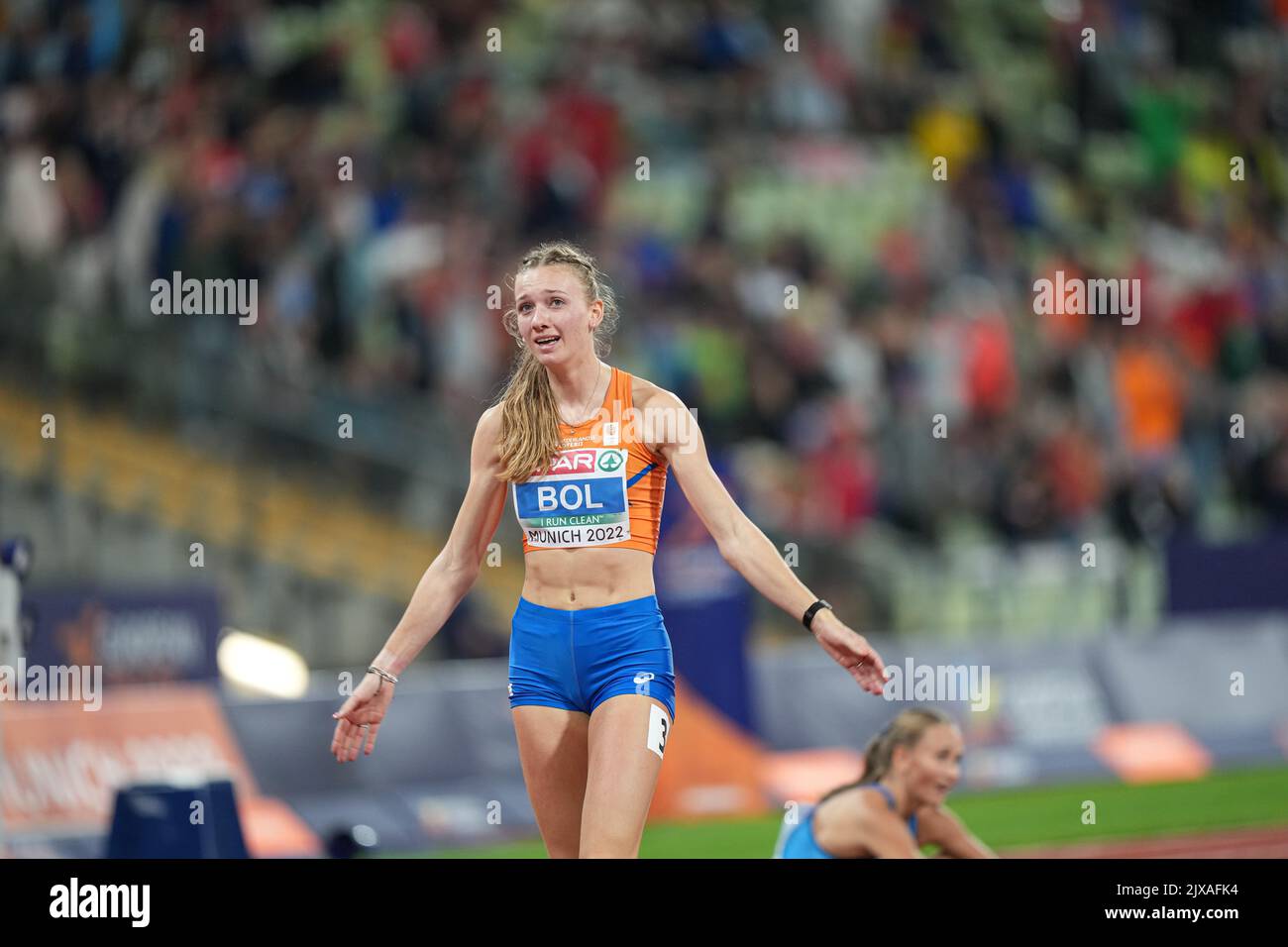 Femke Bol with her country's flag as the winner of the 400 meters ...