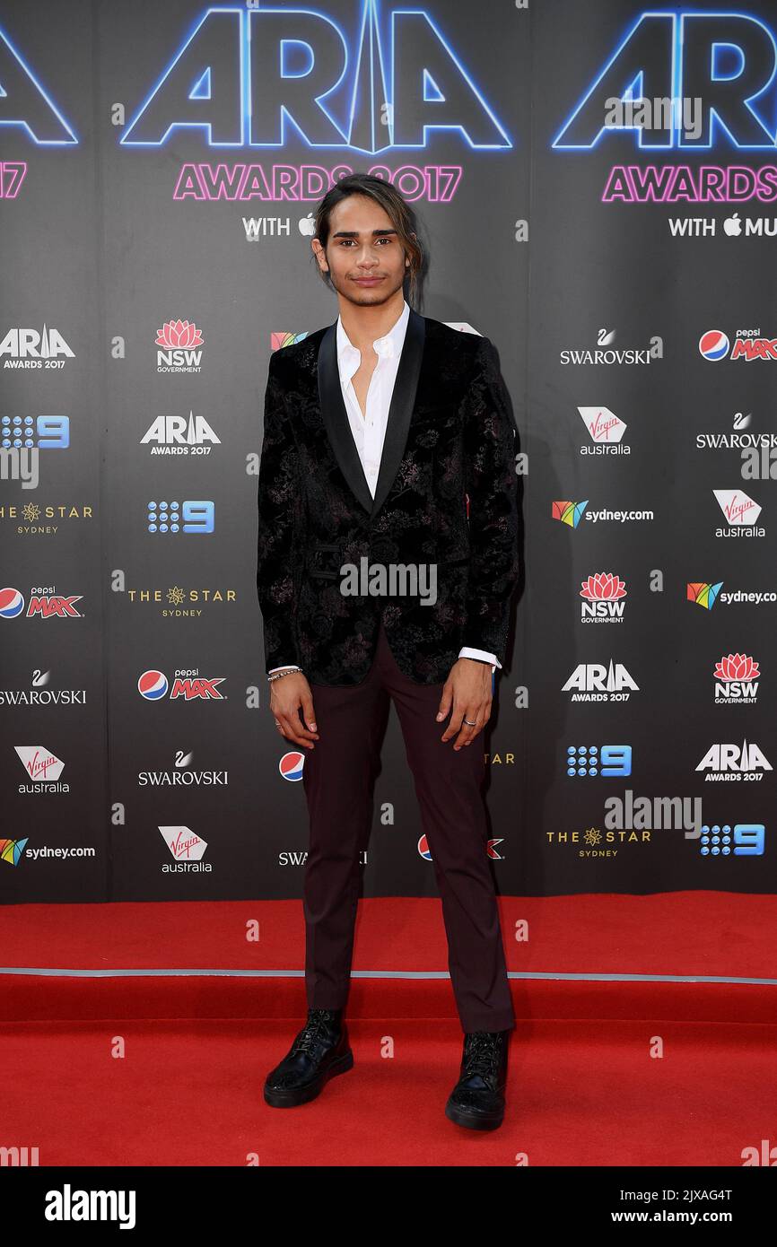 Isaiah Firebrace arrives at the 31st ARIA Awards at The Star, in Sydney ...