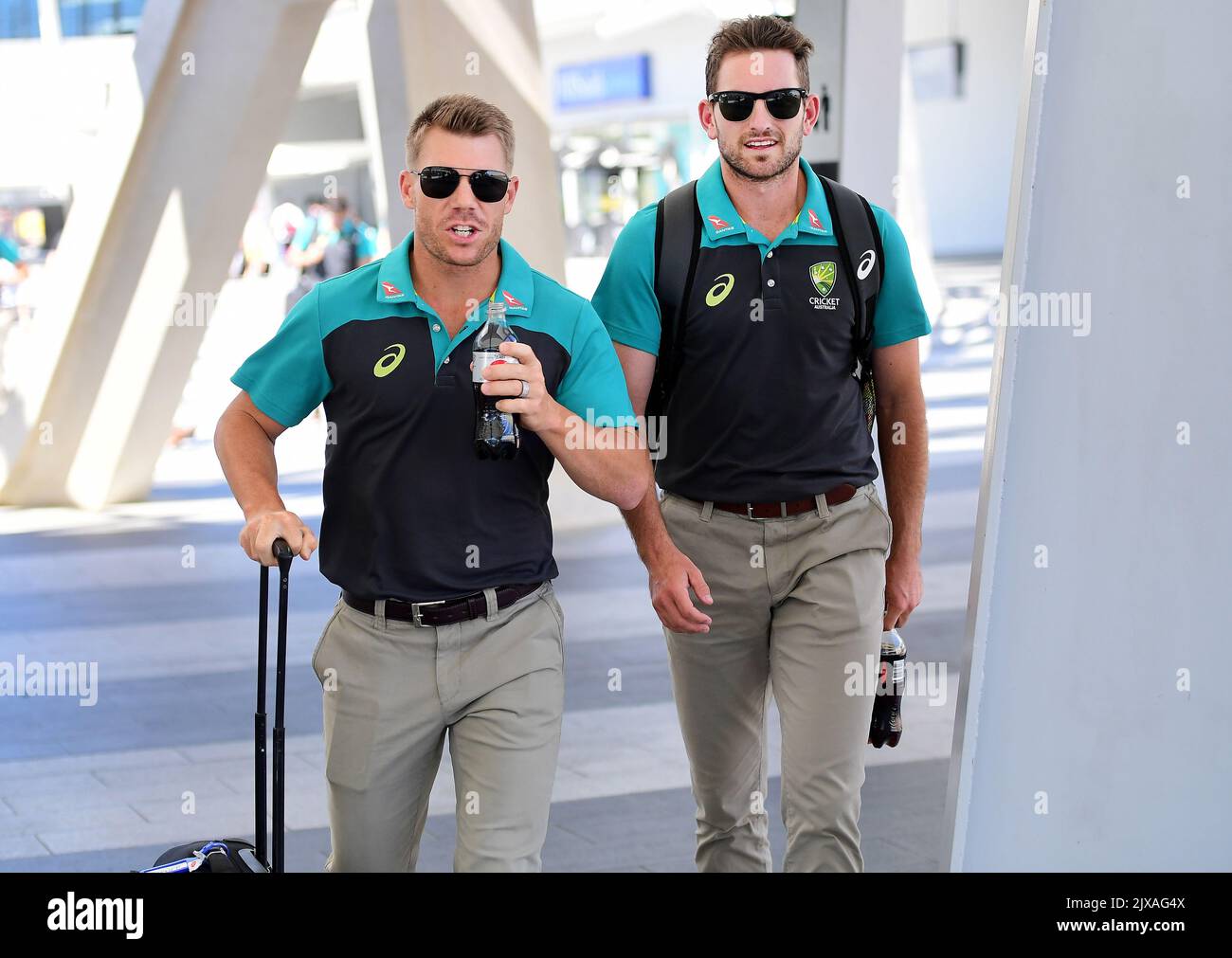David Warner and Chadd Sayers of the Australian cricket team arrive at ...