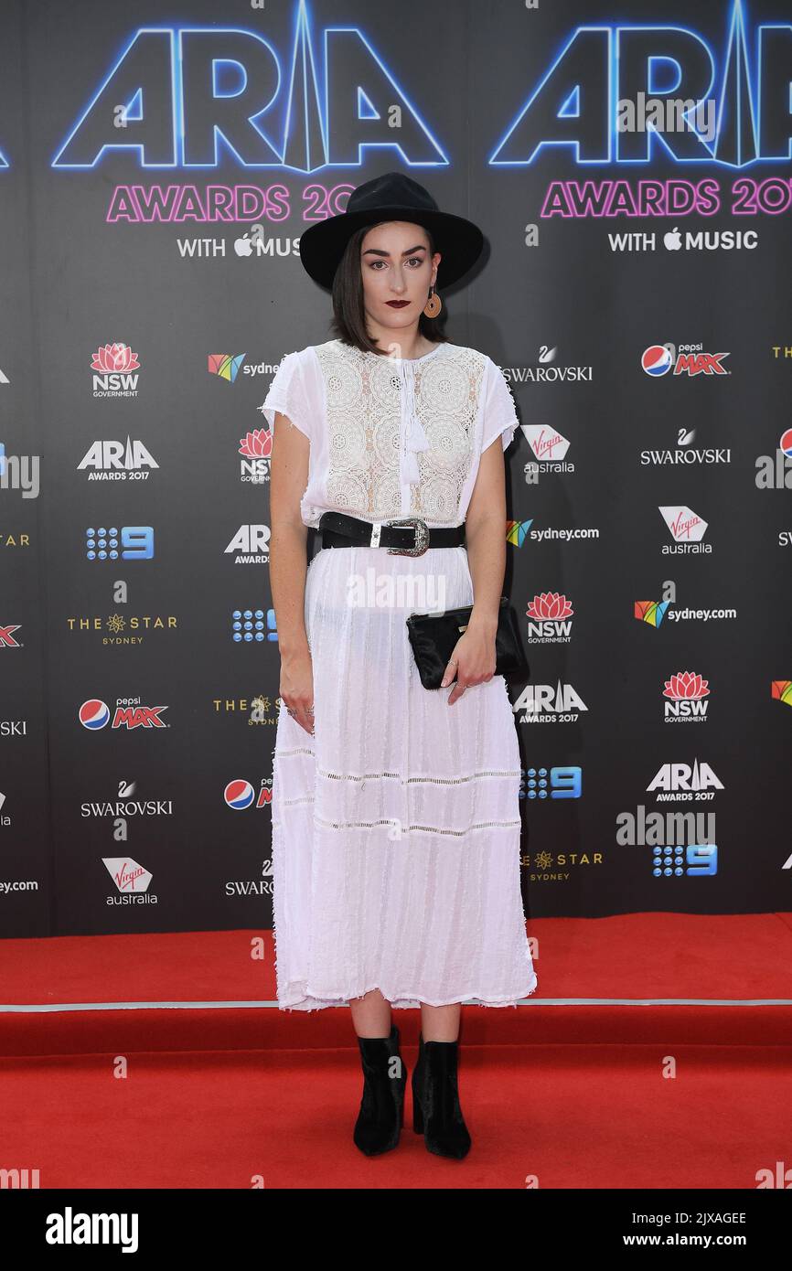 Meg Mac arrives at the 31st ARIA Awards at The Star, in Sydney, Tuesday ...