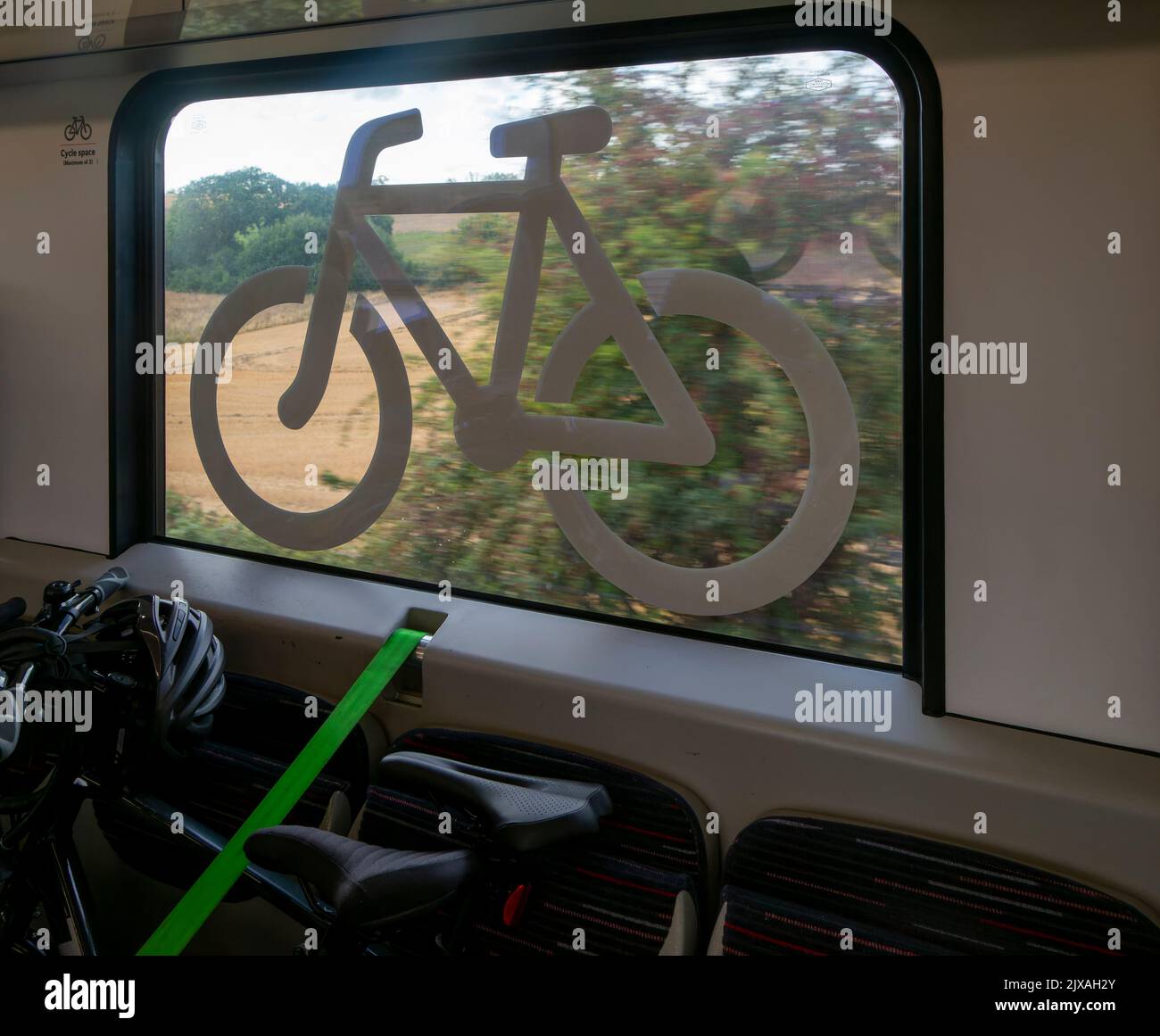 Bicycle storage area with window sign on Greater Anglia train, Suffolk ...