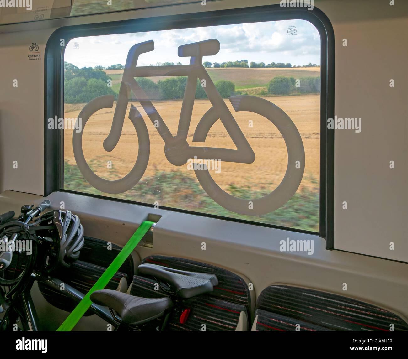 Bicycle storage area with window sign on Greater Anglia train, Suffolk ...