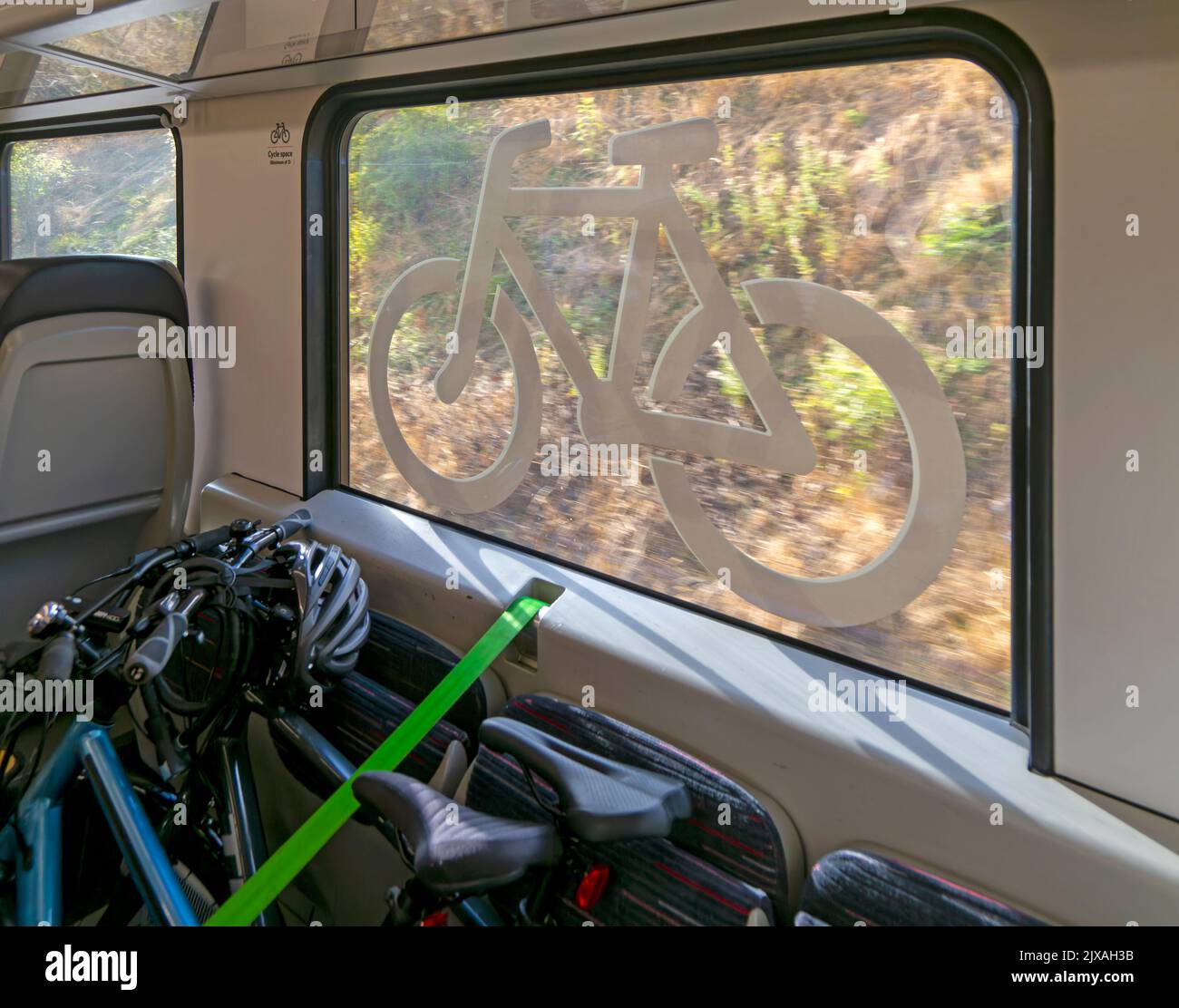 Bicycle storage area with window sign on Greater Anglia train, Suffolk ...