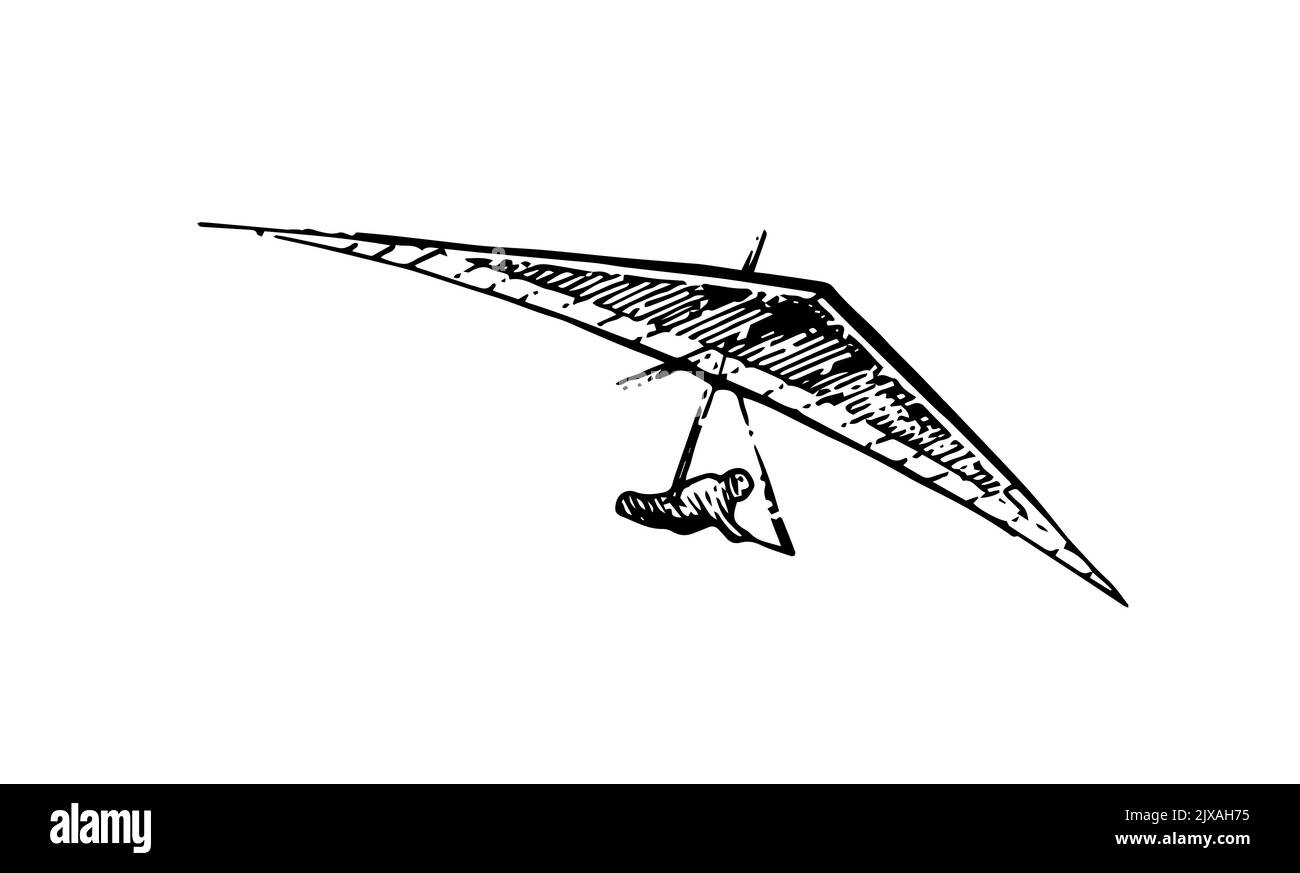 Hang glider flying. Pilot in helmet. Bottom view from afar. Hand drawn ...