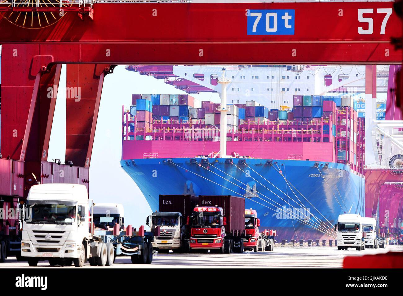 LIANYUNGANG, CHINA - SEPTEMBER 7, 2022 - Freighters load and unload ...