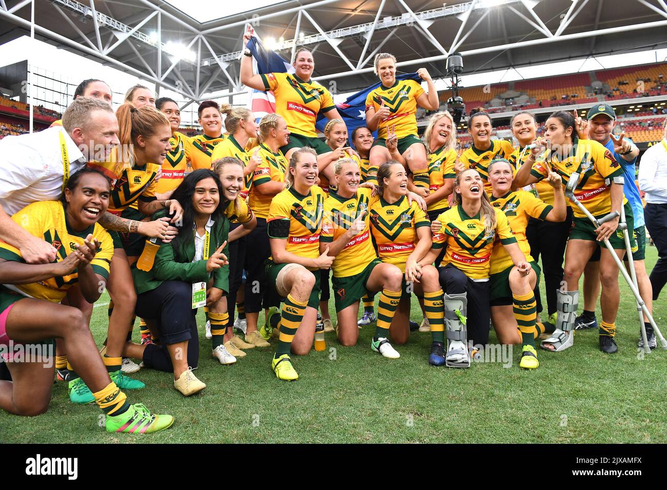The AustralianJillaroos celebrate winning the Women's Rugby League World Cup final match between ...