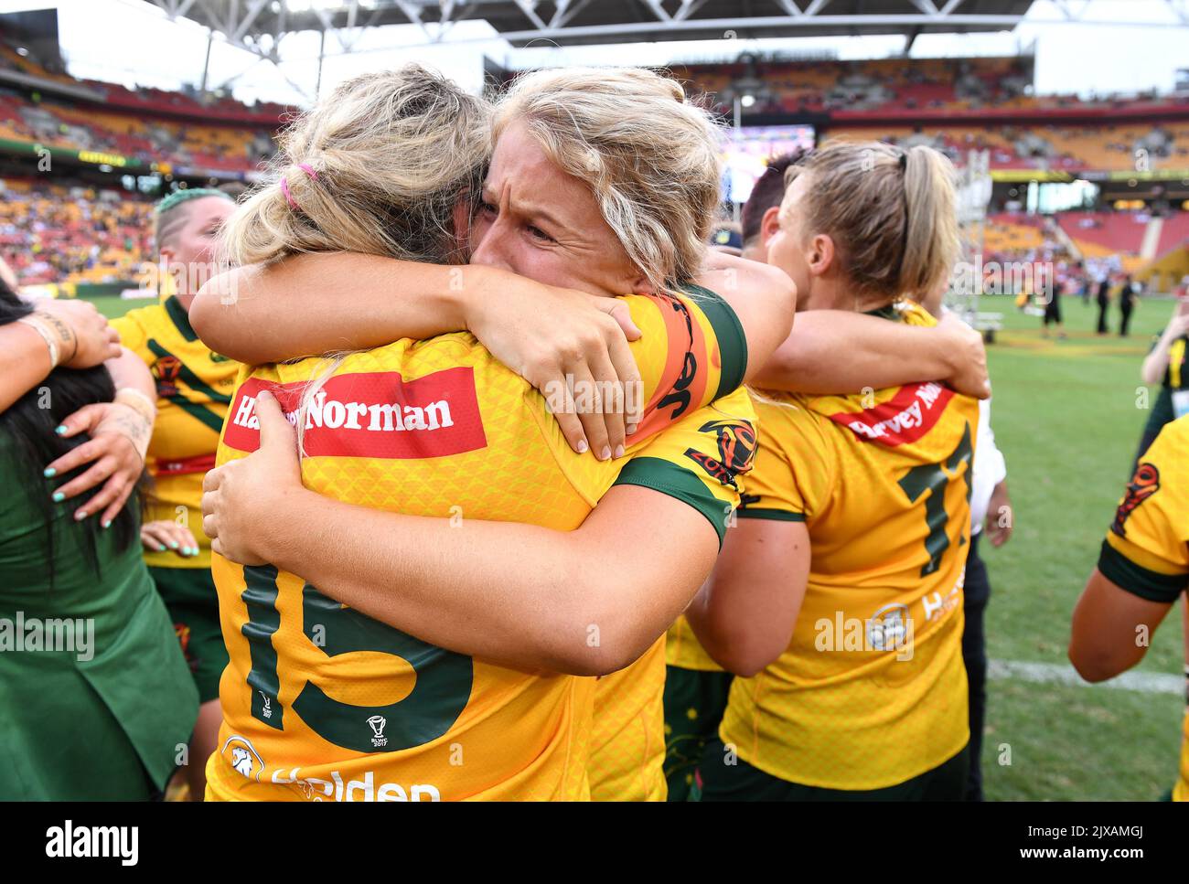 Australian Jillaroos players celebrate winning the Women's Rugby League World Cup final match ...