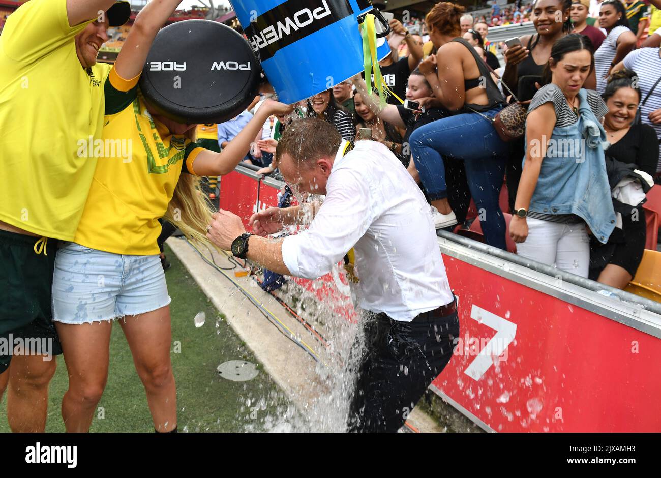 Australian Jillaroos coach Brad Donald receives an ice shower after ...