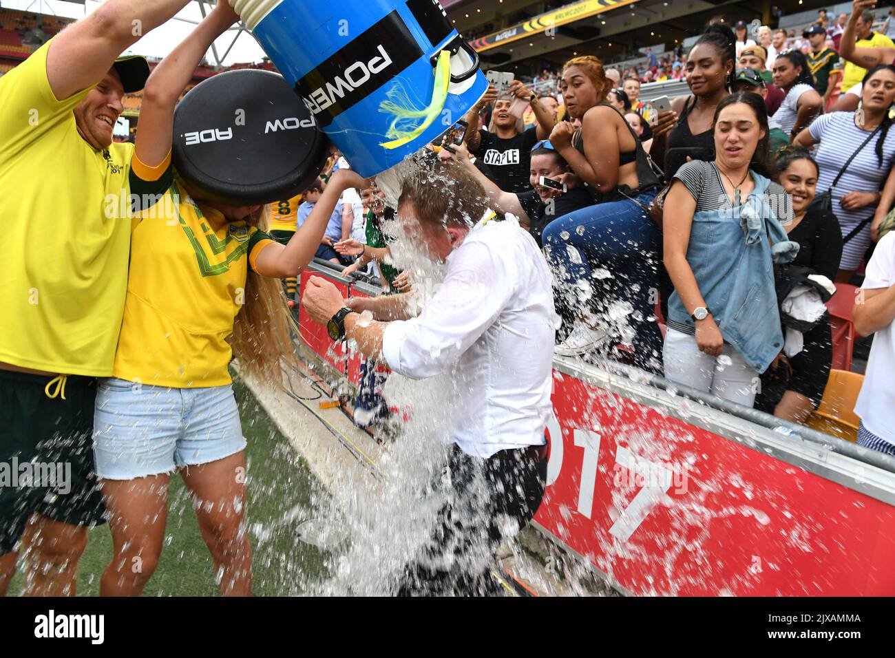 Australian Jillaroos coach Brad Donald receives an ice shower after ...