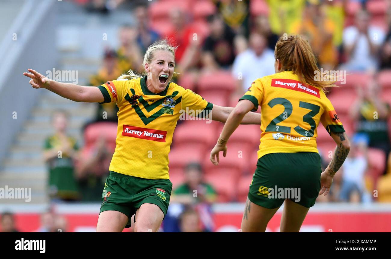 Caitlin Moran (right) of Australia celebrates with Ali Brigginshaw ...