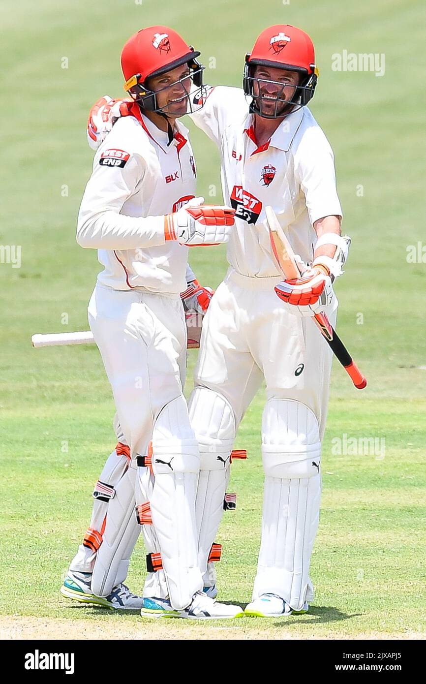 Alex Carey of South Australia (left) celebrates with Chadd Sayers after ...