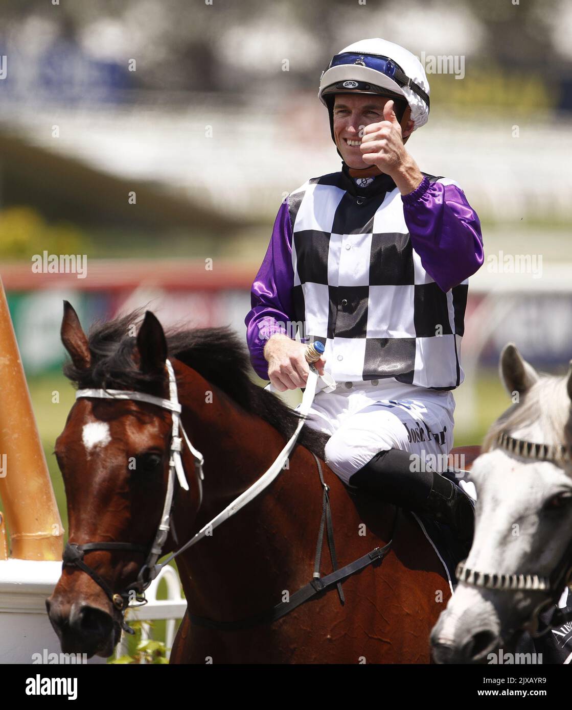 Jockey Josh Parr reacts while riding Sparky Lad after winning race 2, # ...
