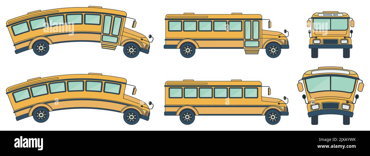 Yellow School Bus Viewed From Different Angles Vector Set