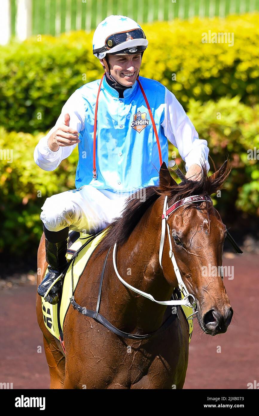Jockey Tye Angland gestures after riding Realing to win race 4, the ...