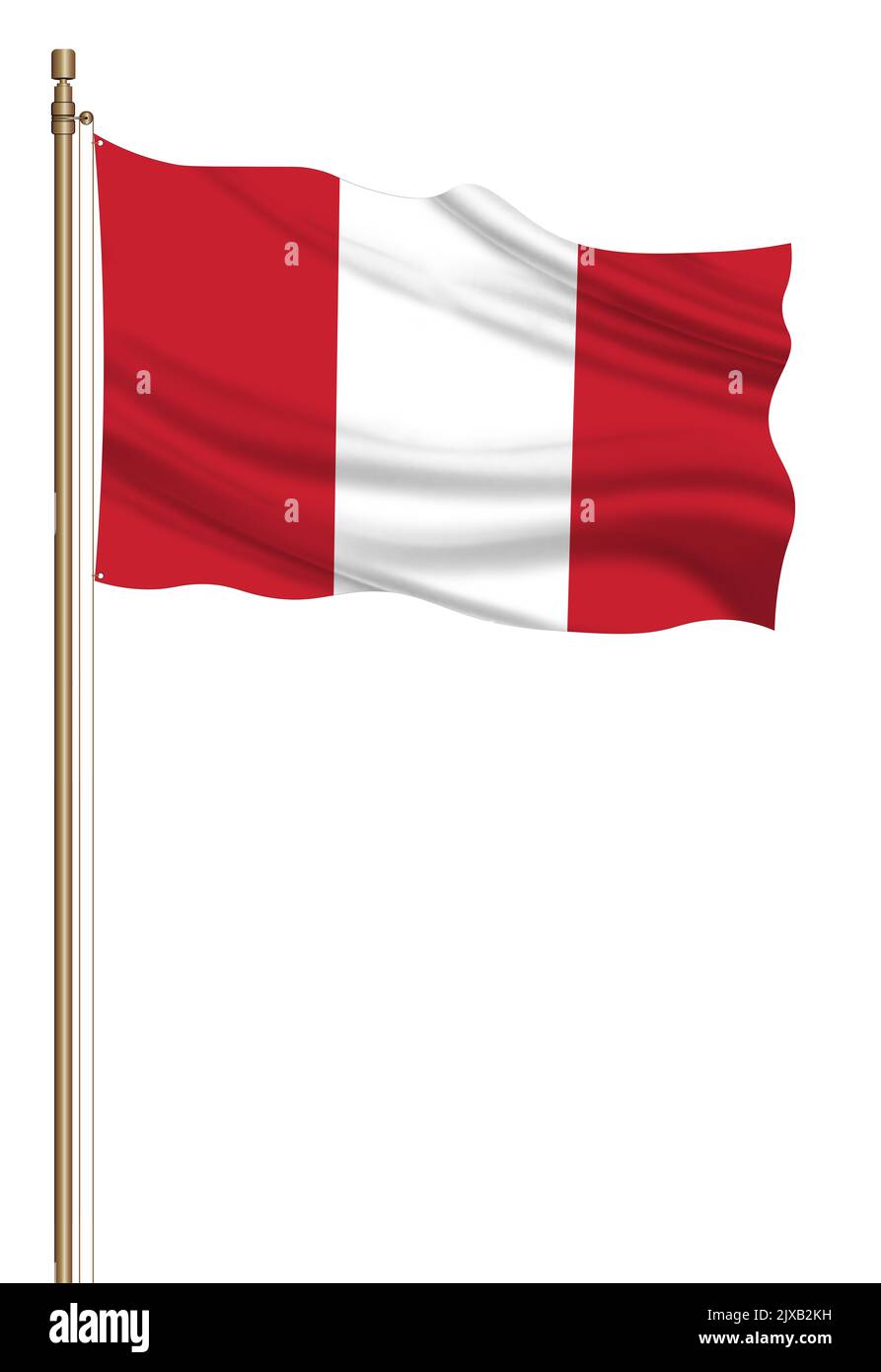 3D Flag of Peru on a pillar blown away isolated on a white background ...