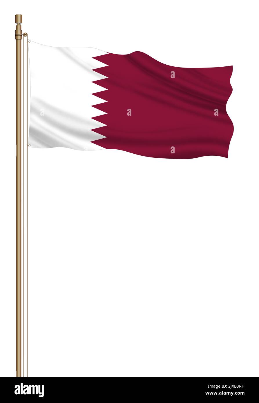 3D Flag of Qatar on a pillar blown away isolated on a white background ...