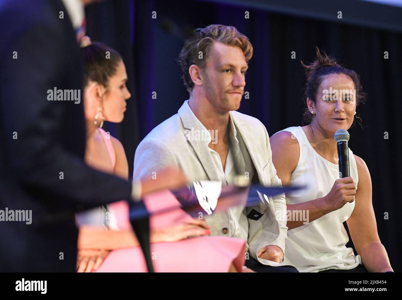 Australian Women's Rugby Sevens player Shannon Parry (right) speaks at ...