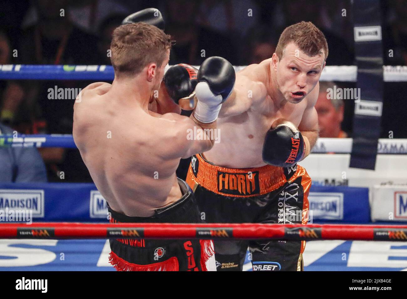 WBO World Welterweight Champion Jeff Horn of Australia (right) fights ...