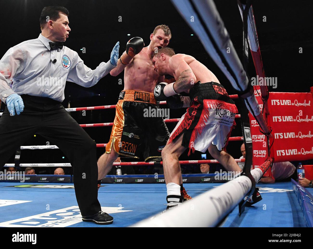 WBO World Welterweight Champion Jeff Horn of Australia (centre) fights ...