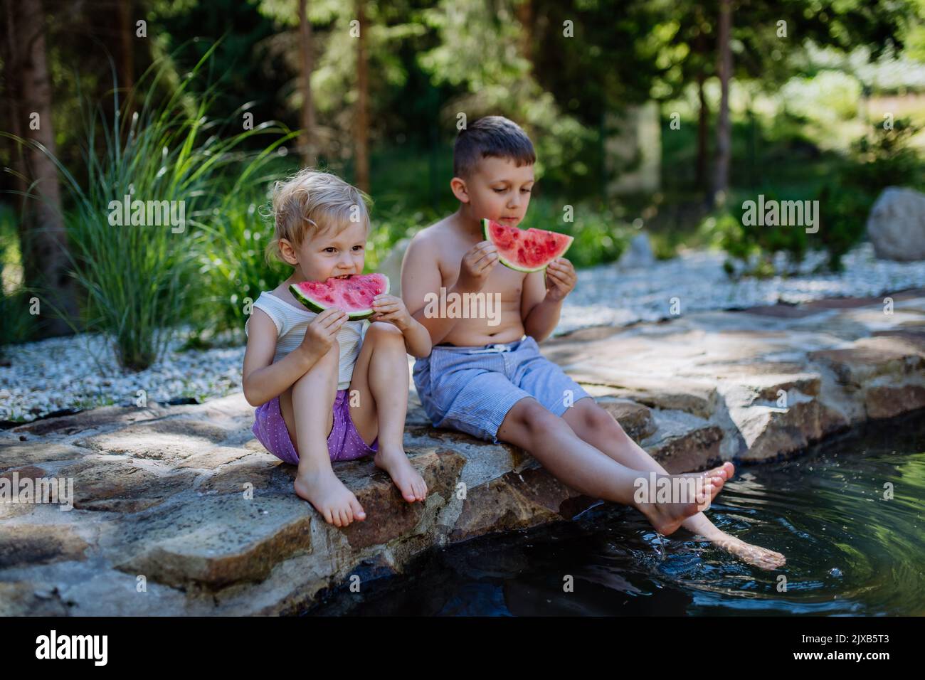 Little chidren sitting near lake and eating watermelon on hot sunny day ...