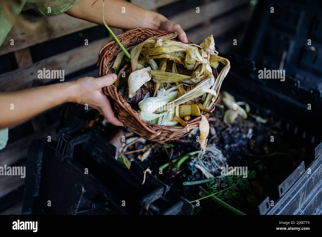 Woman putting organic waste in composter, farmer lifestyle. Close up ...