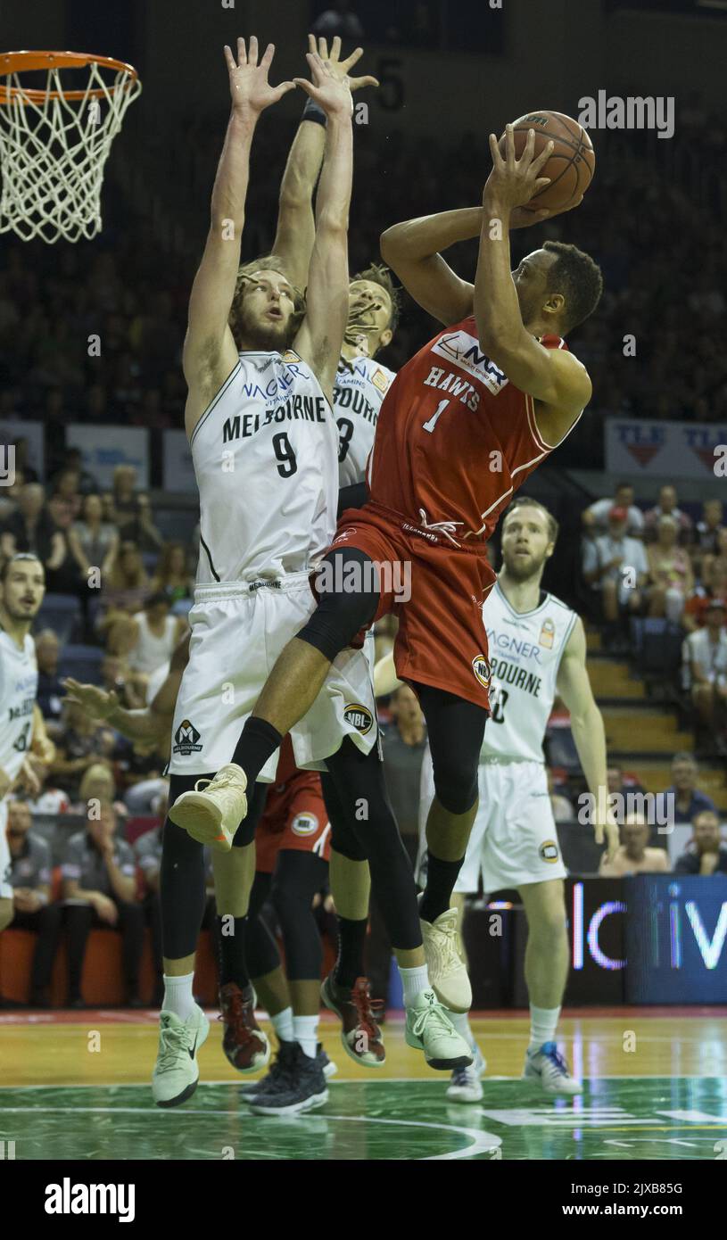 Demitrius Conger of the Hawkes drives to the basket during the Round 10 ...