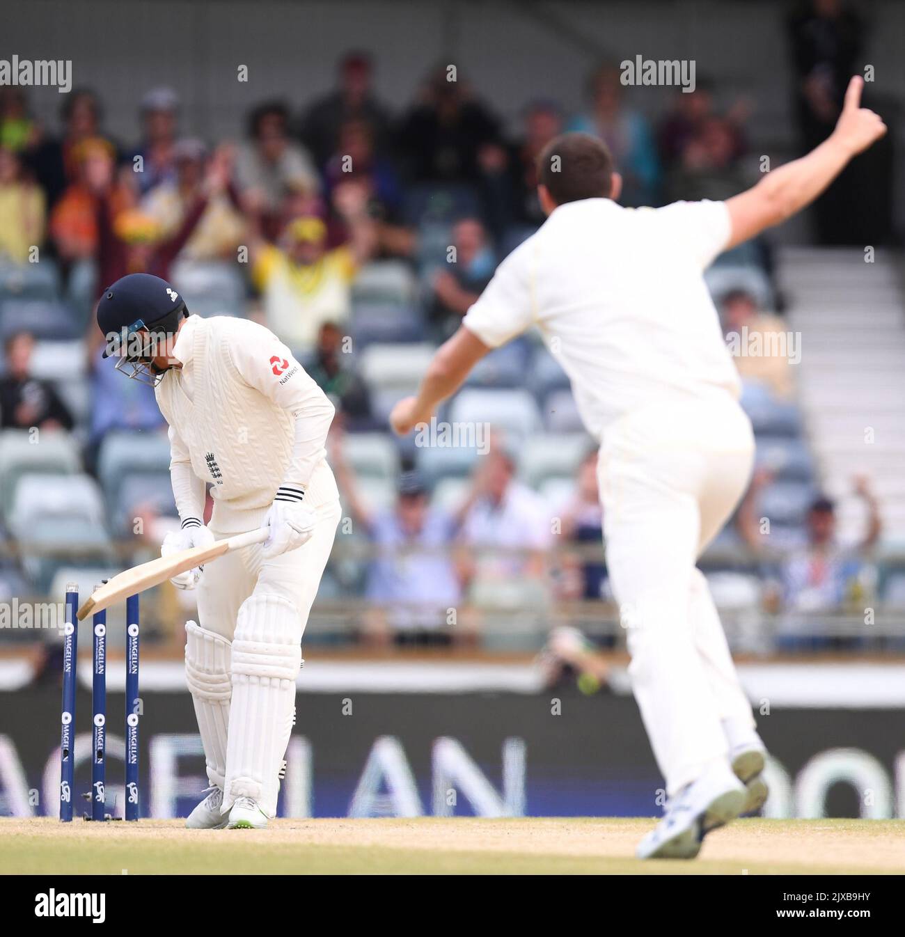 Australia's Josh Hazlewood celebrates after bowling England's Jonny ...