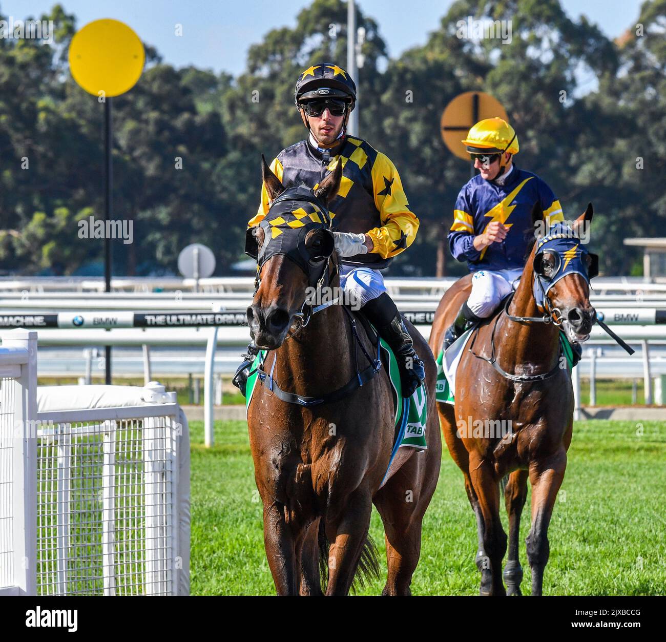 Jockey Brenton Avdulla (left) returns to scale after riding Raijinz to ...