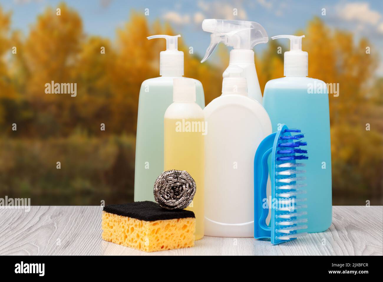 Plastic bottles of dishwashing liquid, glass and tile cleaner ...