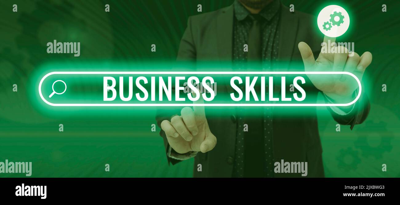 Hand writing sign Business SkillsAn ability to acquire systematic ...