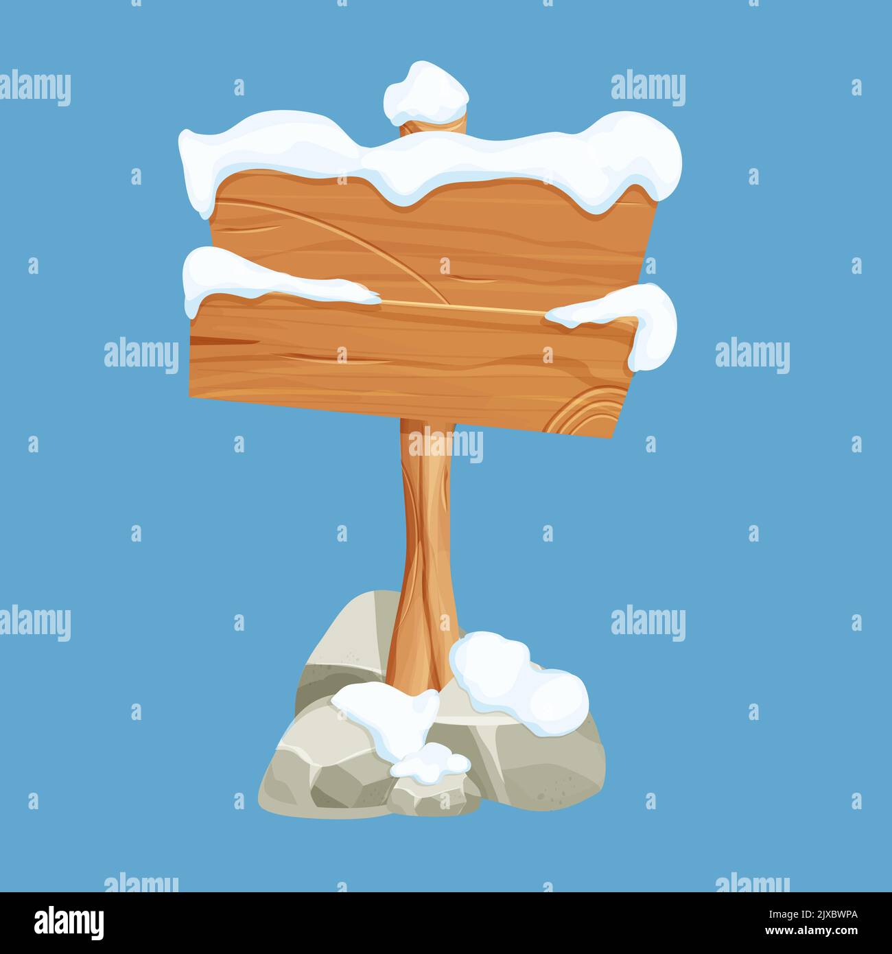 Old wooden blank, signboard with snow in cartoon style.Empty frame ...