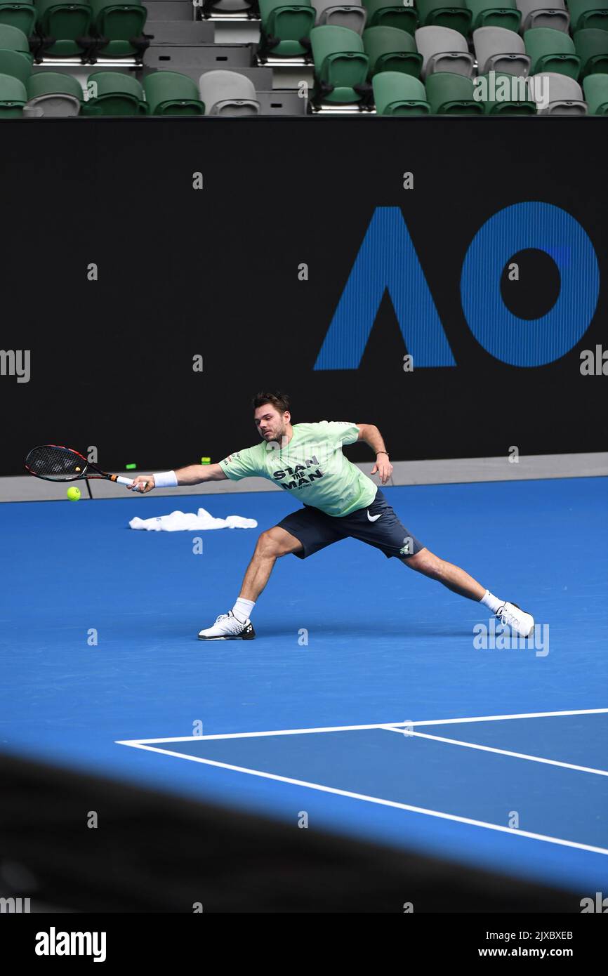 Stan Wawrinka is seen during a practice session at Rod Laver Arena in ...