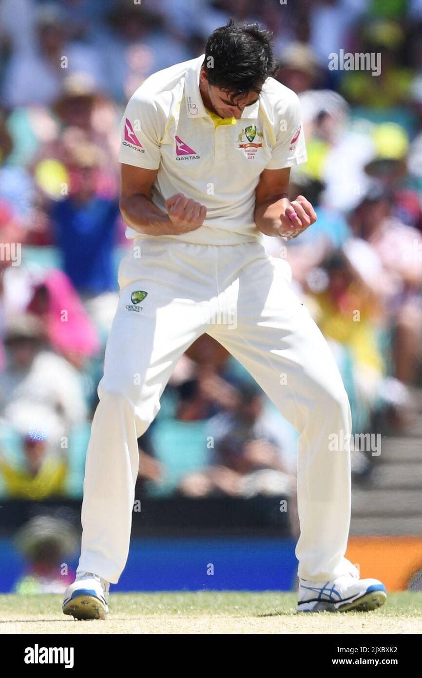 Australia's Mitchell Starc celebrates the wicket of England's Mark ...